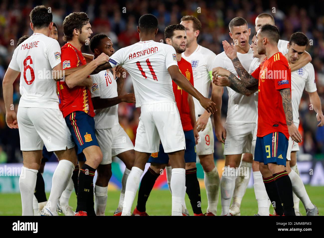 Spanish and English players scuffle each other during the UEFA Nations ...