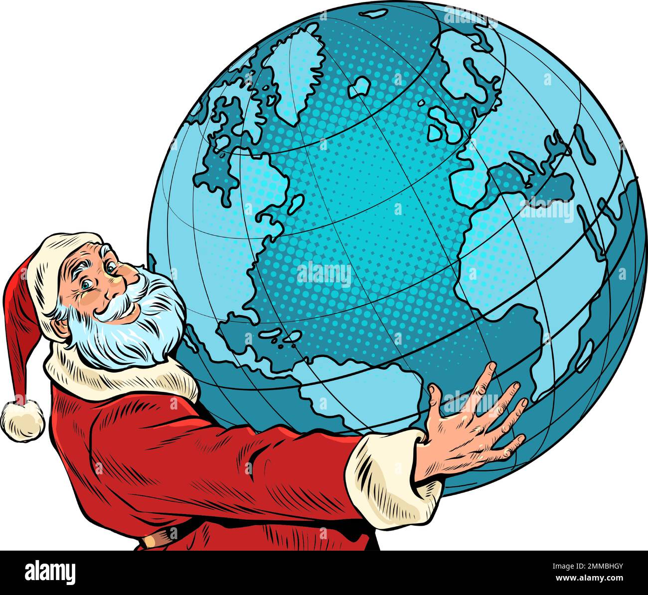 Santa Claus holds the planet earth in his hands. New Year and Christmas ...