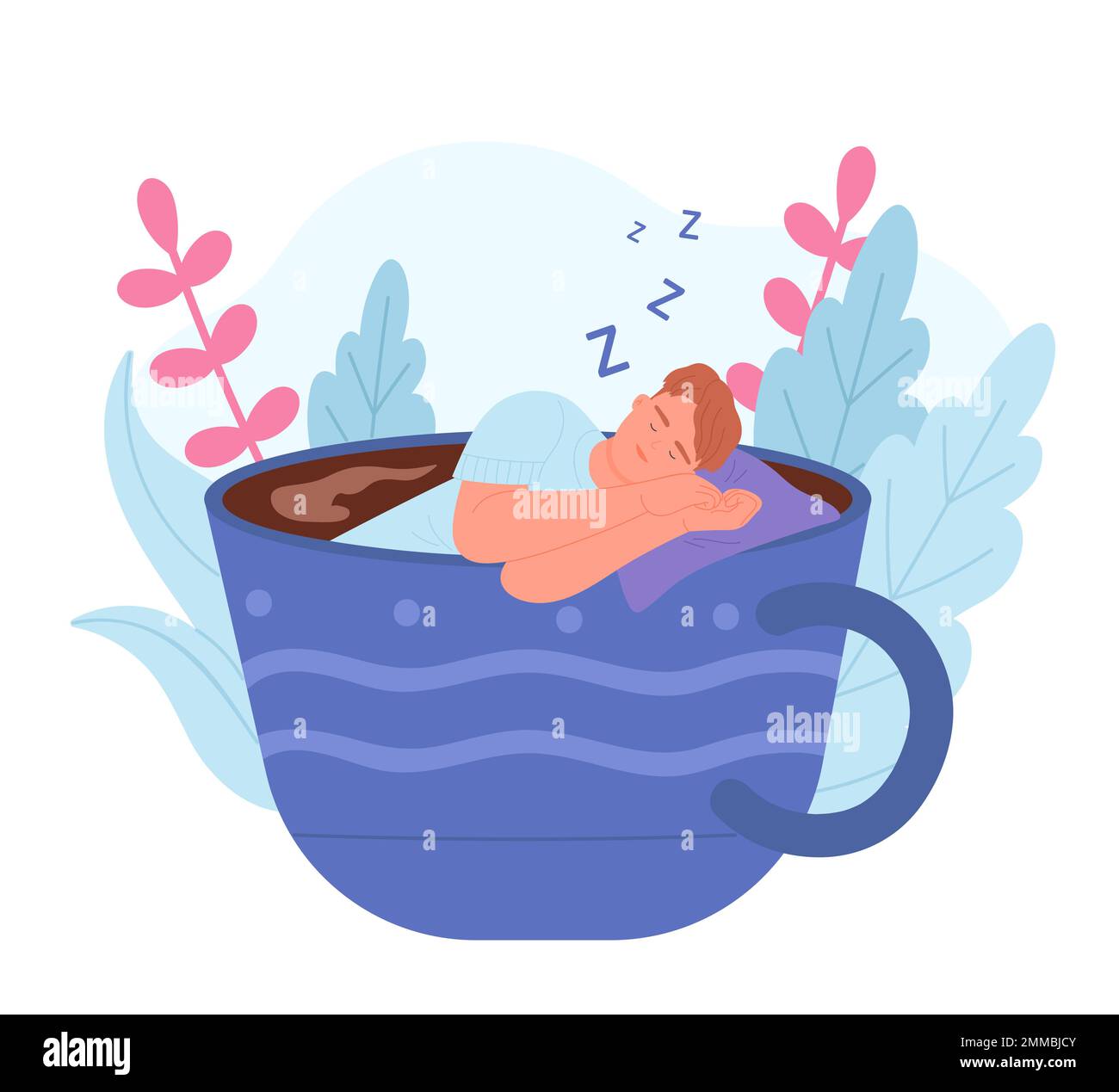 Morning coffee cups with sleepy tired man vector illustration. Cartoon ...