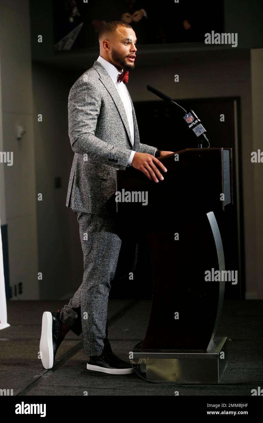 Dallas Cowboys quarterback Dak Prescott answers questions during a post ...