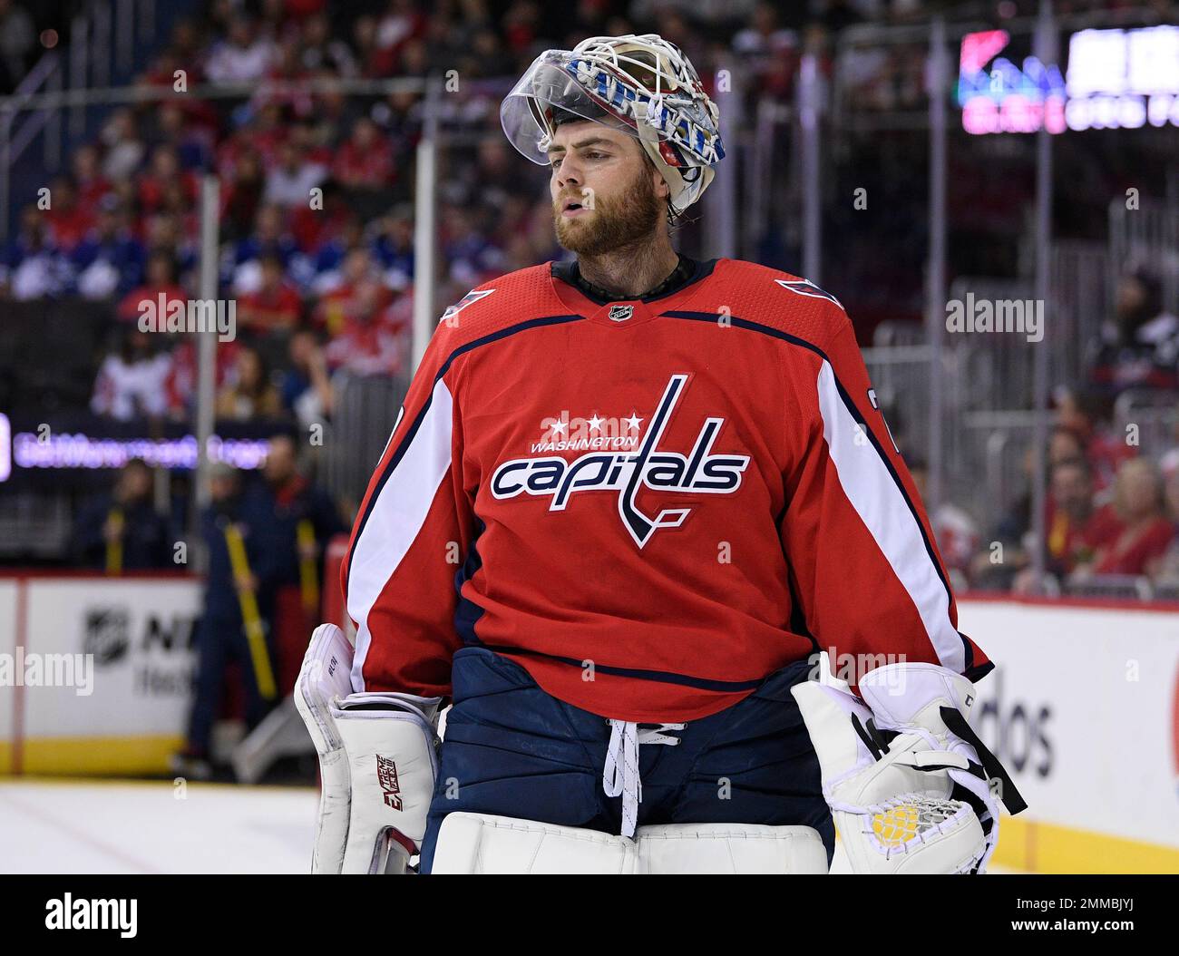 Washington Capitals goaltender Braden Holtby (70) stands on the ice ...
