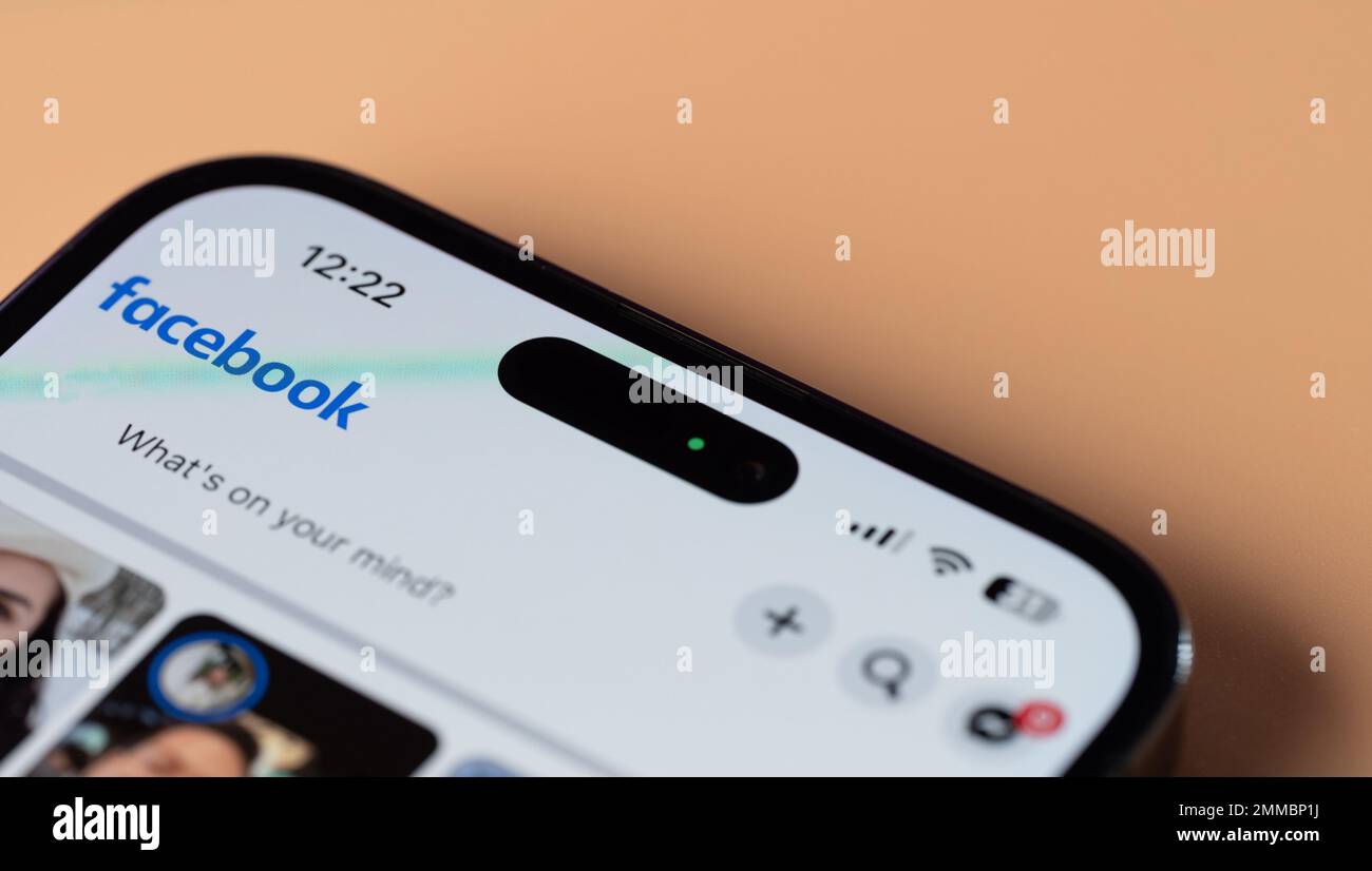 New york, USA - January 28, 2022: Meta facebook menu on iphone 14 pro ...