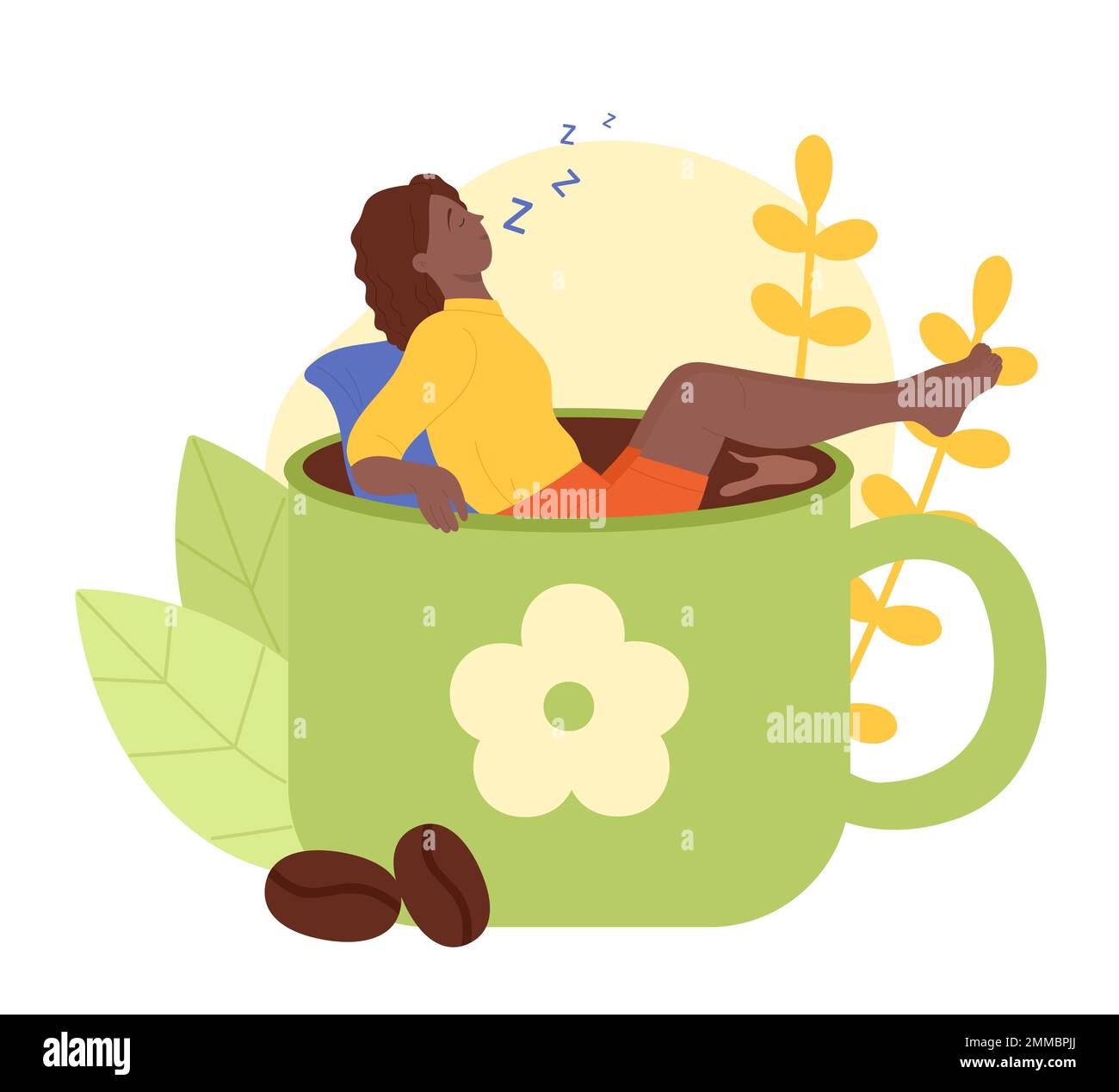 Morning coffee cups with sleepy tired woman vector illustration ...