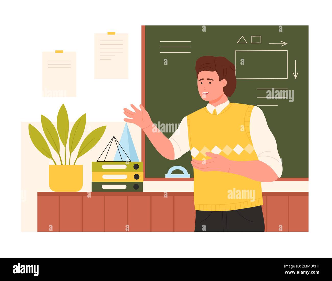 Male teacher standing at blackboard to explain science presentation vector illustration. Cartoon ...