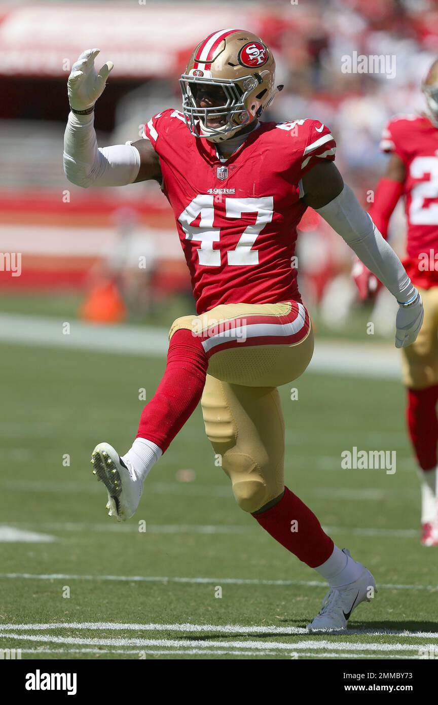 San Francisco 49ers linebacker Elijah Lee celebrates a play during an ...