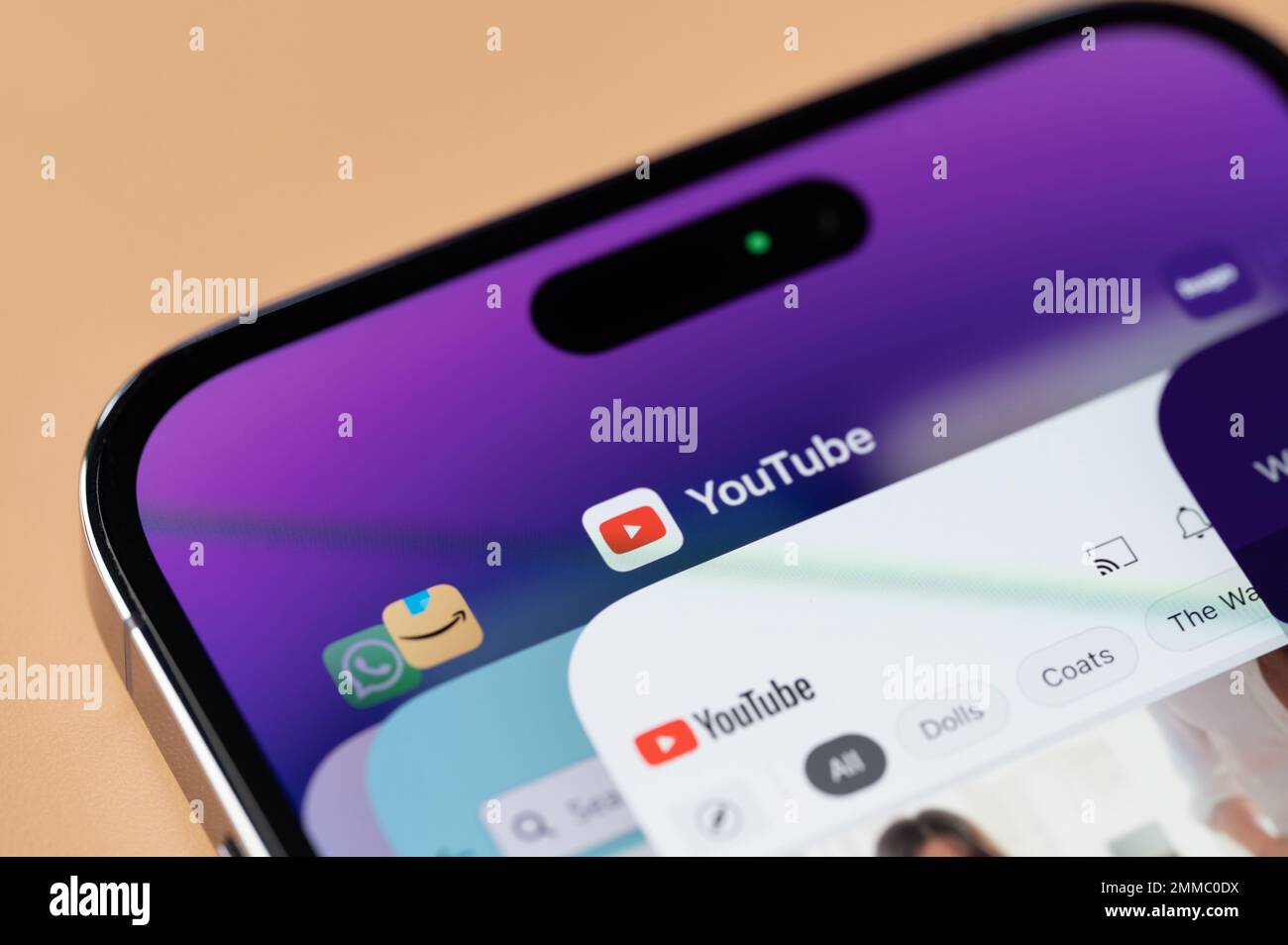 New york, USA - January 28, 2022: Using Youtube app on iphone 14 pro in ...