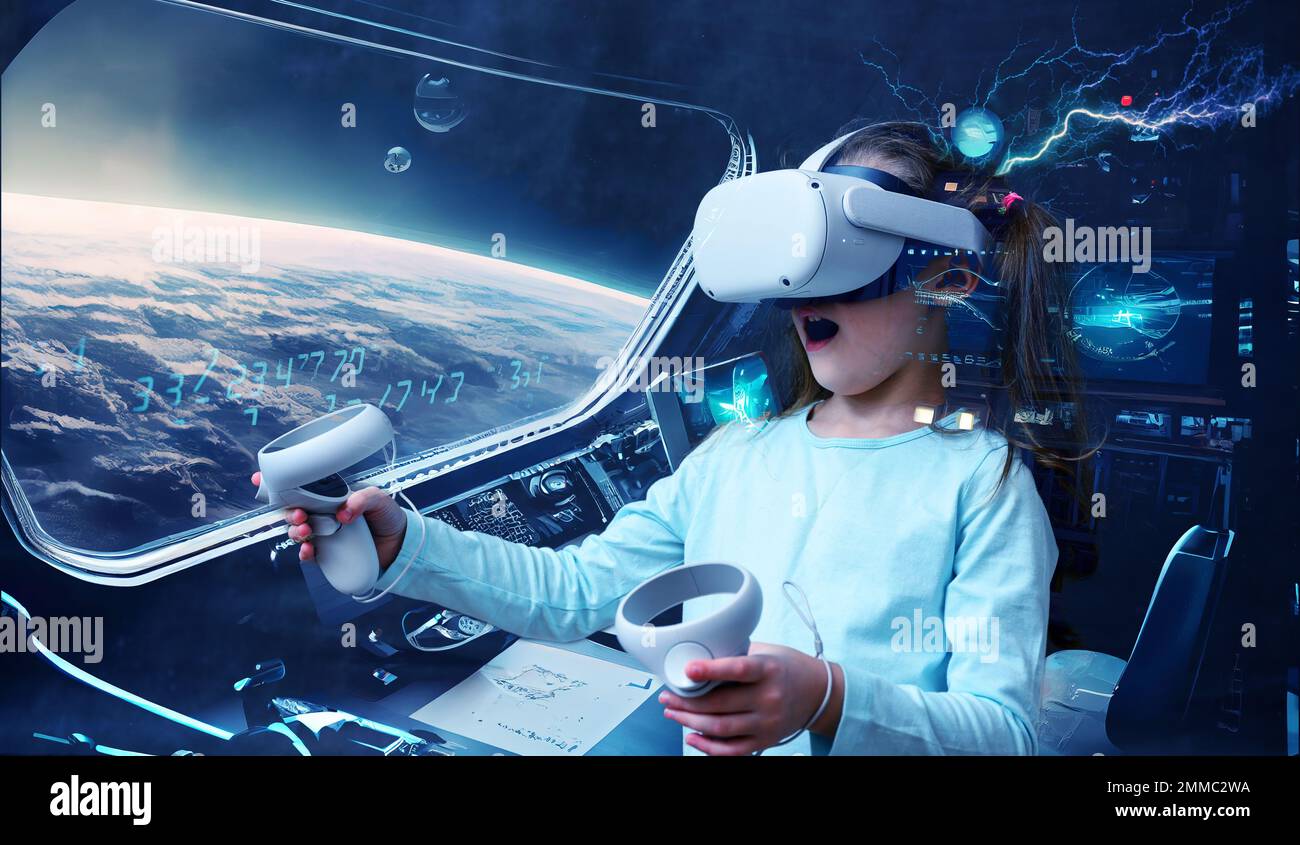 Metaverse and kid concept, child using virtual reality headset in space ...