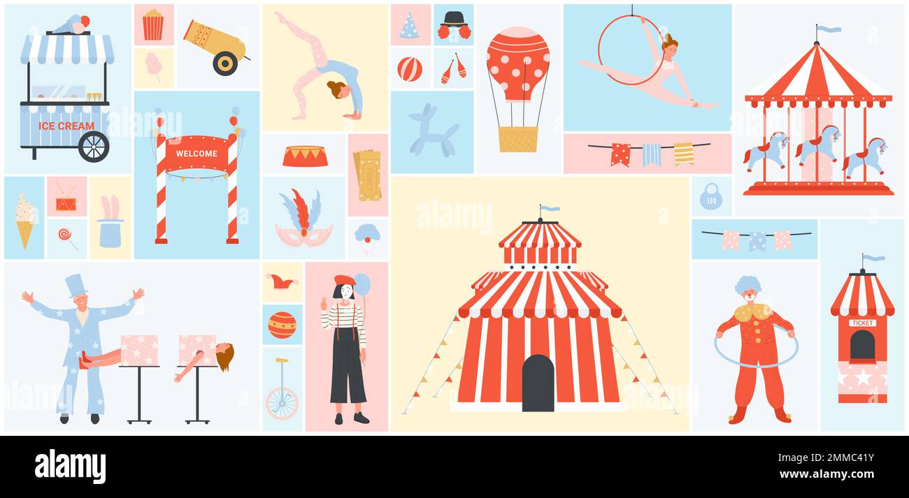 Cartoon clown, chapiteau tent, carousel, acrobat and magician, booth ...