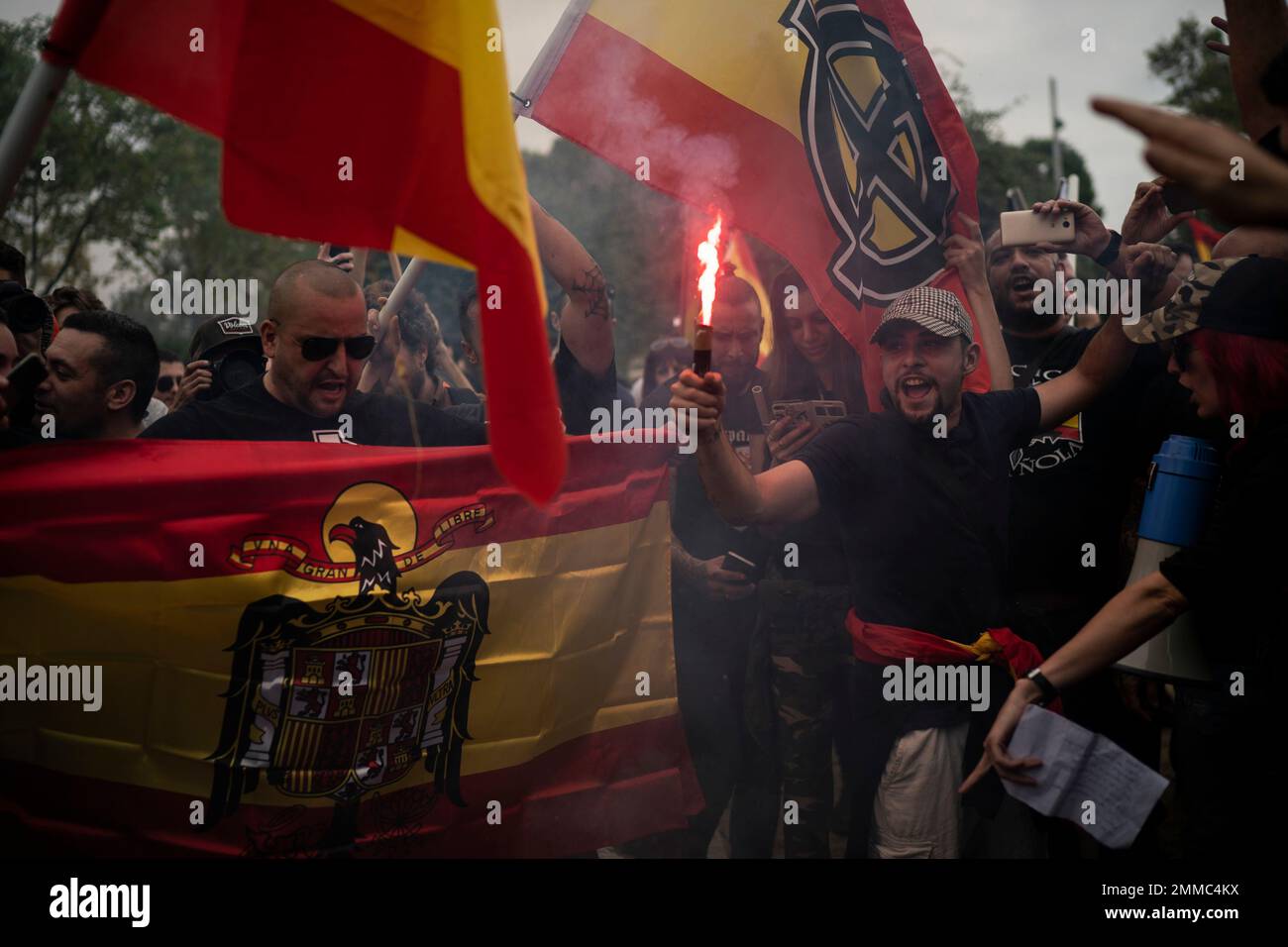 A far right wing demonstrator holds a Spanish pre-constitutional flag ...