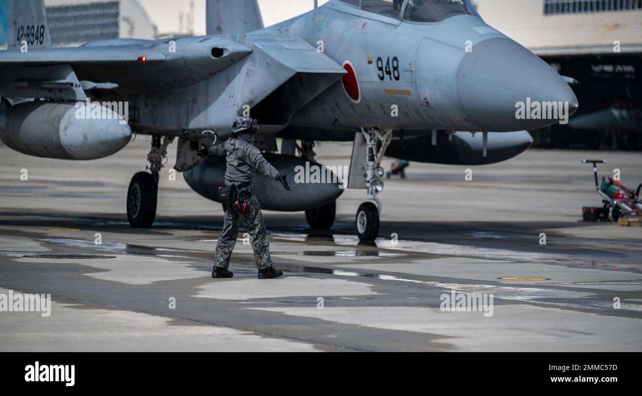 A Japan Air Self-Defense Force service member directs an F-15J ...