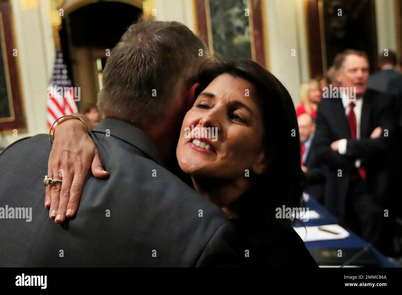 U.S. Ambassador to the United Nations Nikki Haley hugs Department of ...