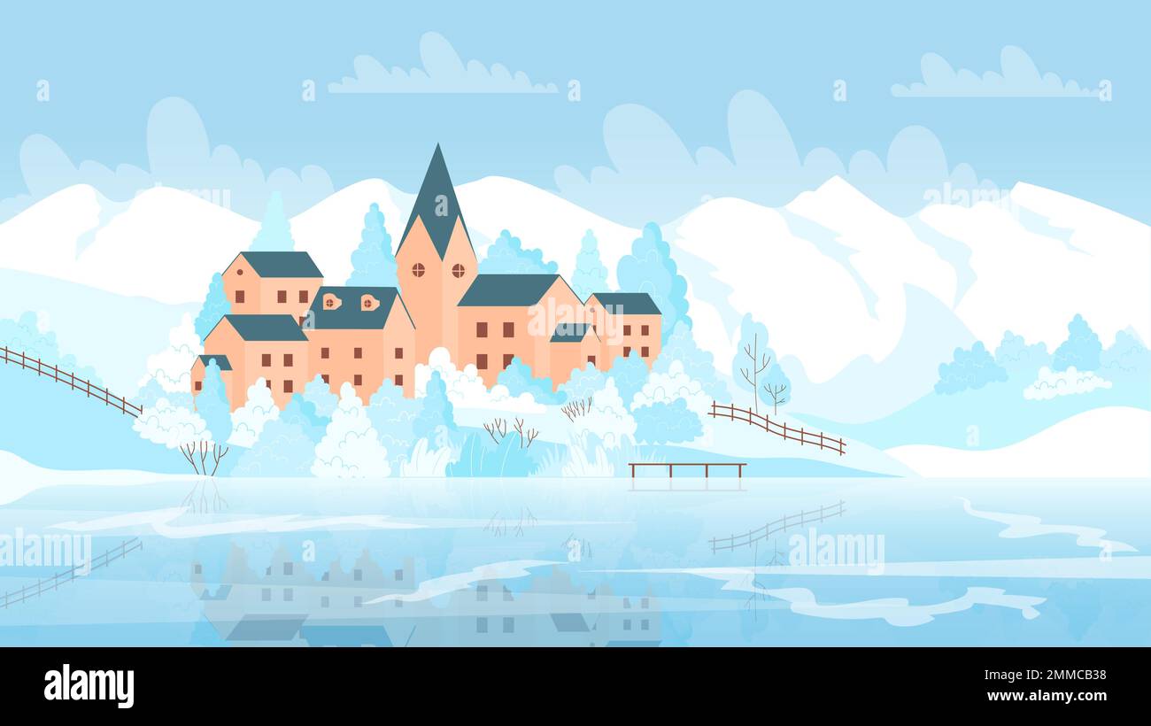 Mountain winter landscape with European village vector illustration ...