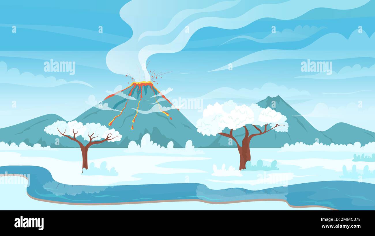 Volcano landscape with snow in winter vector illustration. Cartoon ...