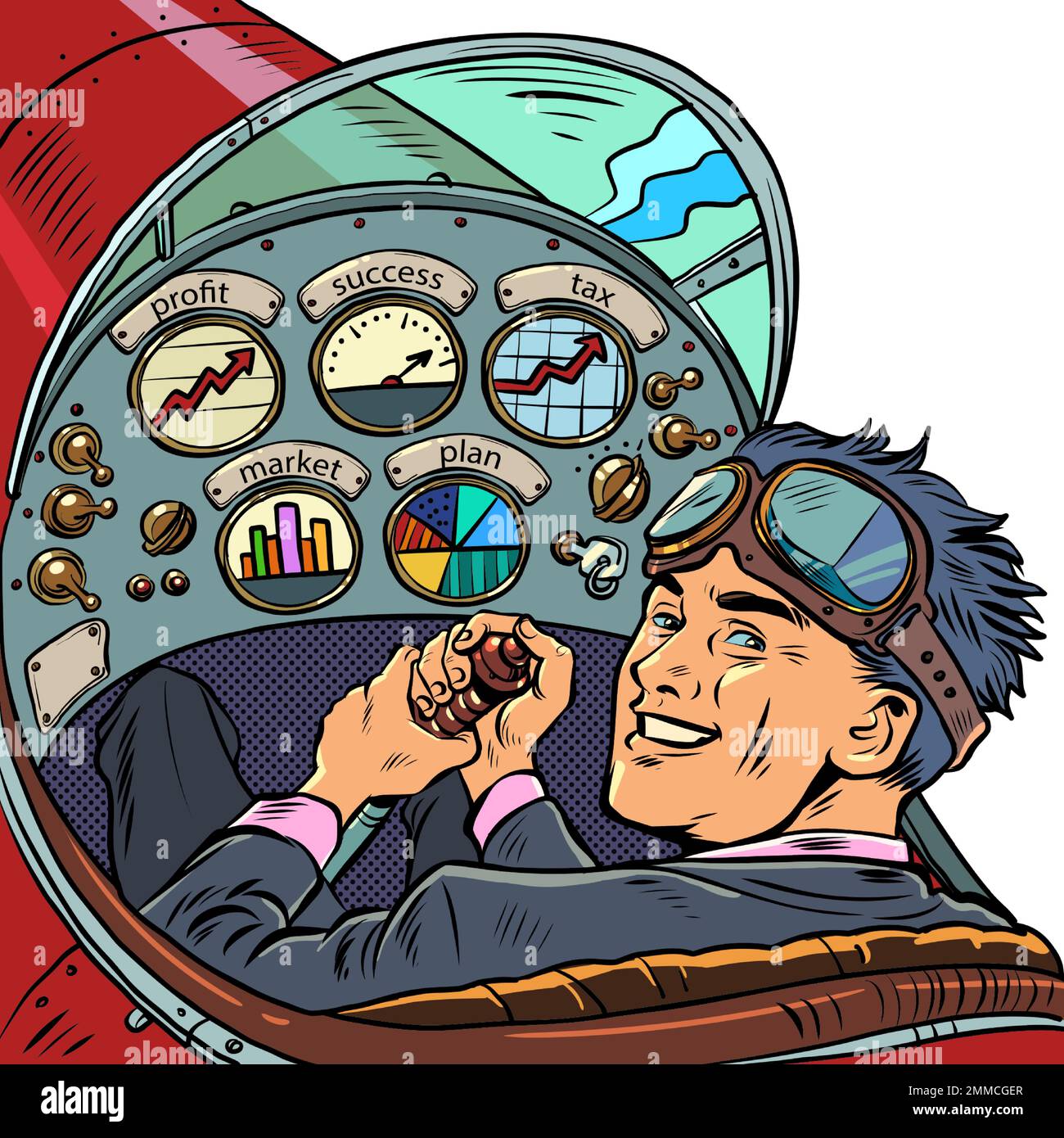 cockpit of a retro aircraft, the pilot leads the airplane. Pilot ...