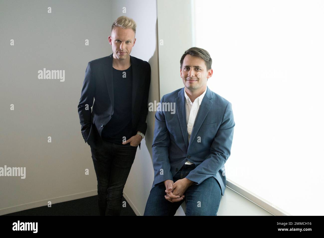 In this July 24, 2018 photo, Justin Paul and Benj Pasek, pose for a ...