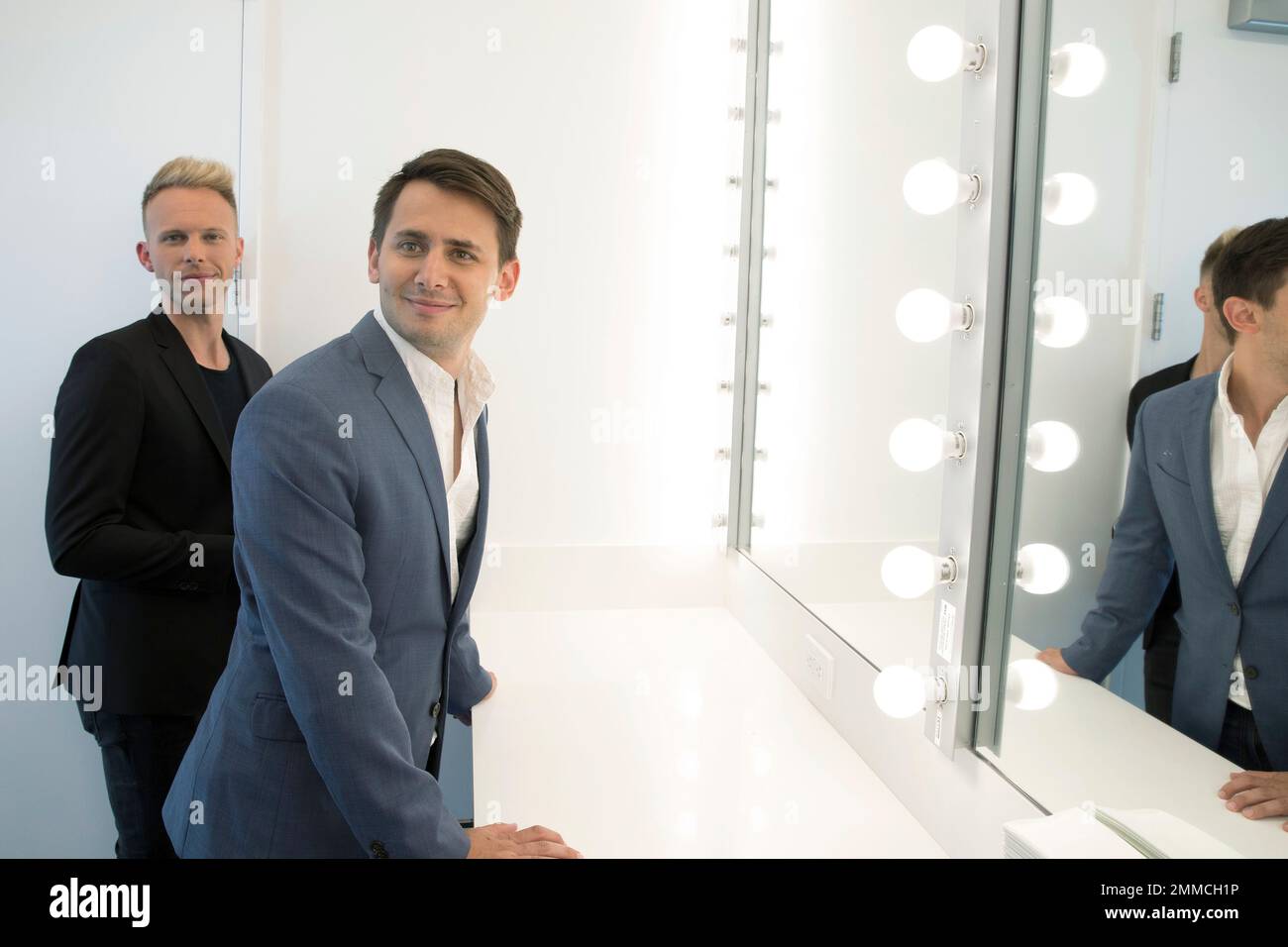 In this July 24, 2018 photo, Justin Paul and Benj Pasek, pose for a ...