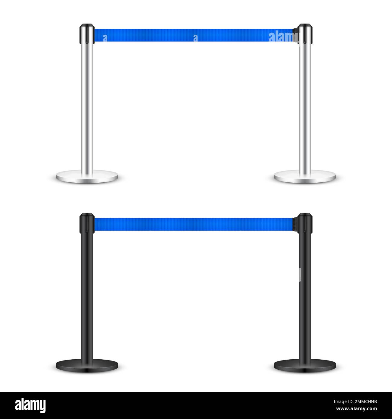 Realistic blue retractable belt stanchion. Crowd control barrier posts ...