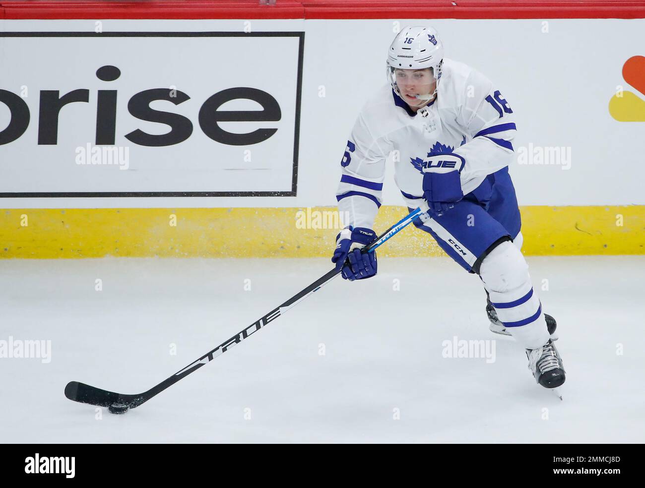 Toronto Maple Leafs center Mitchell Marner (16) looks to pass the puck ...