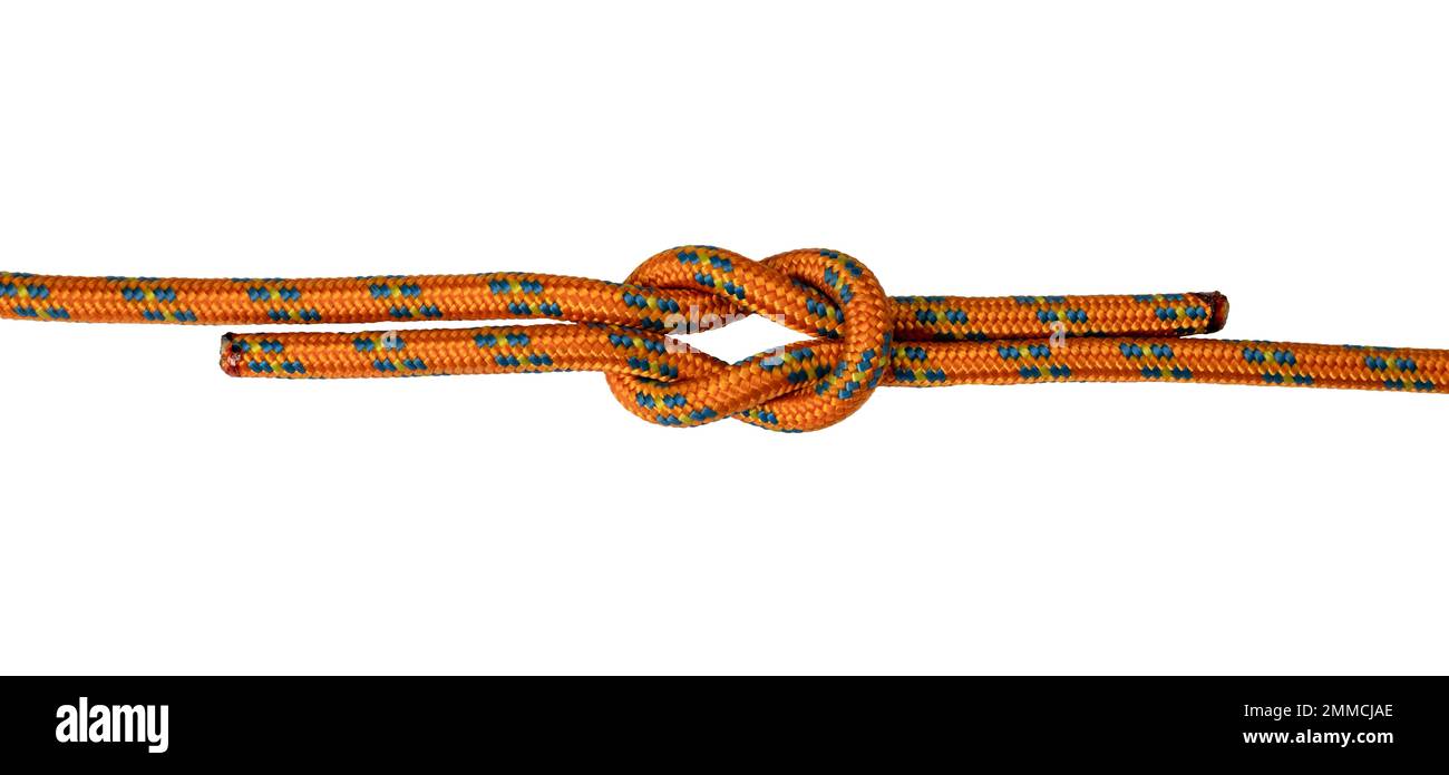 square knot orange rope example, white background Stock Photo - Alamy