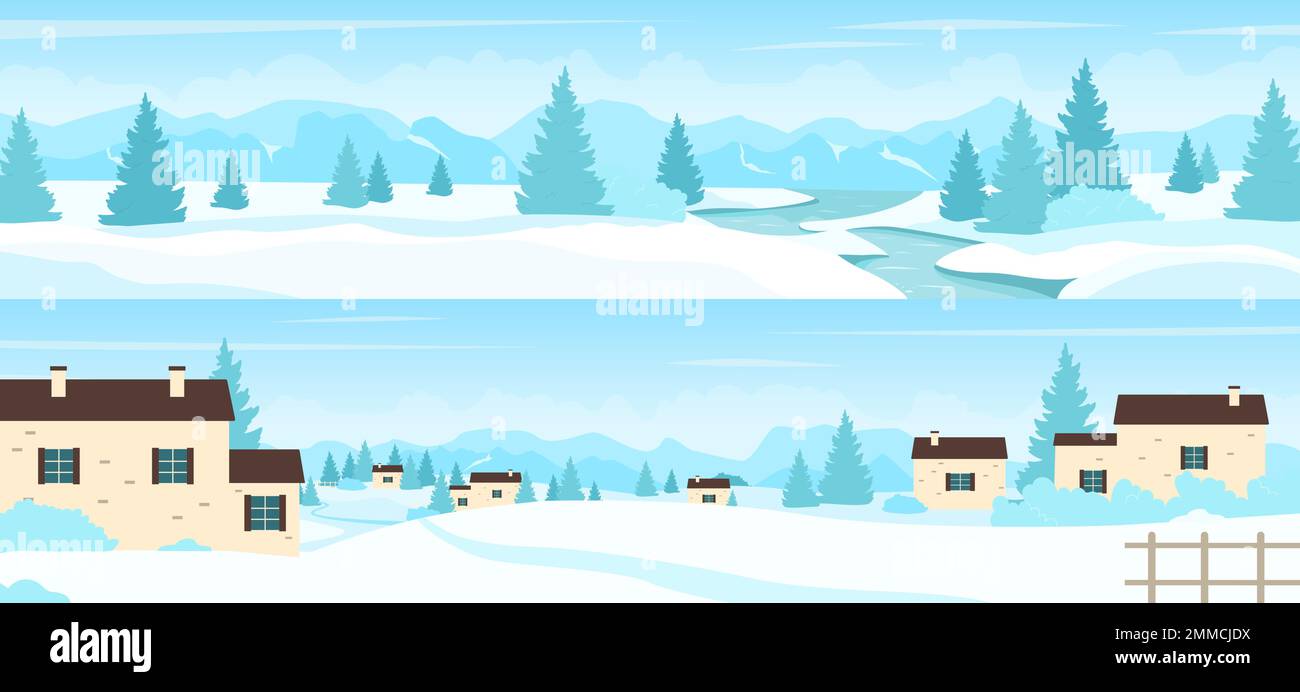 Cartoon scenery with ice and frost snow on village houses panorama ...