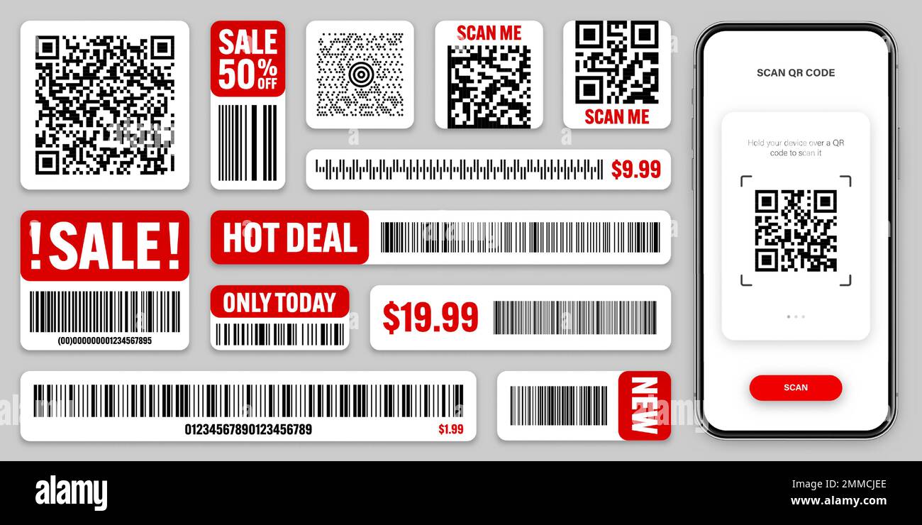 Product barcodes and QR codes. Smartphone application, scanner app. Sale stickers, discount ...
