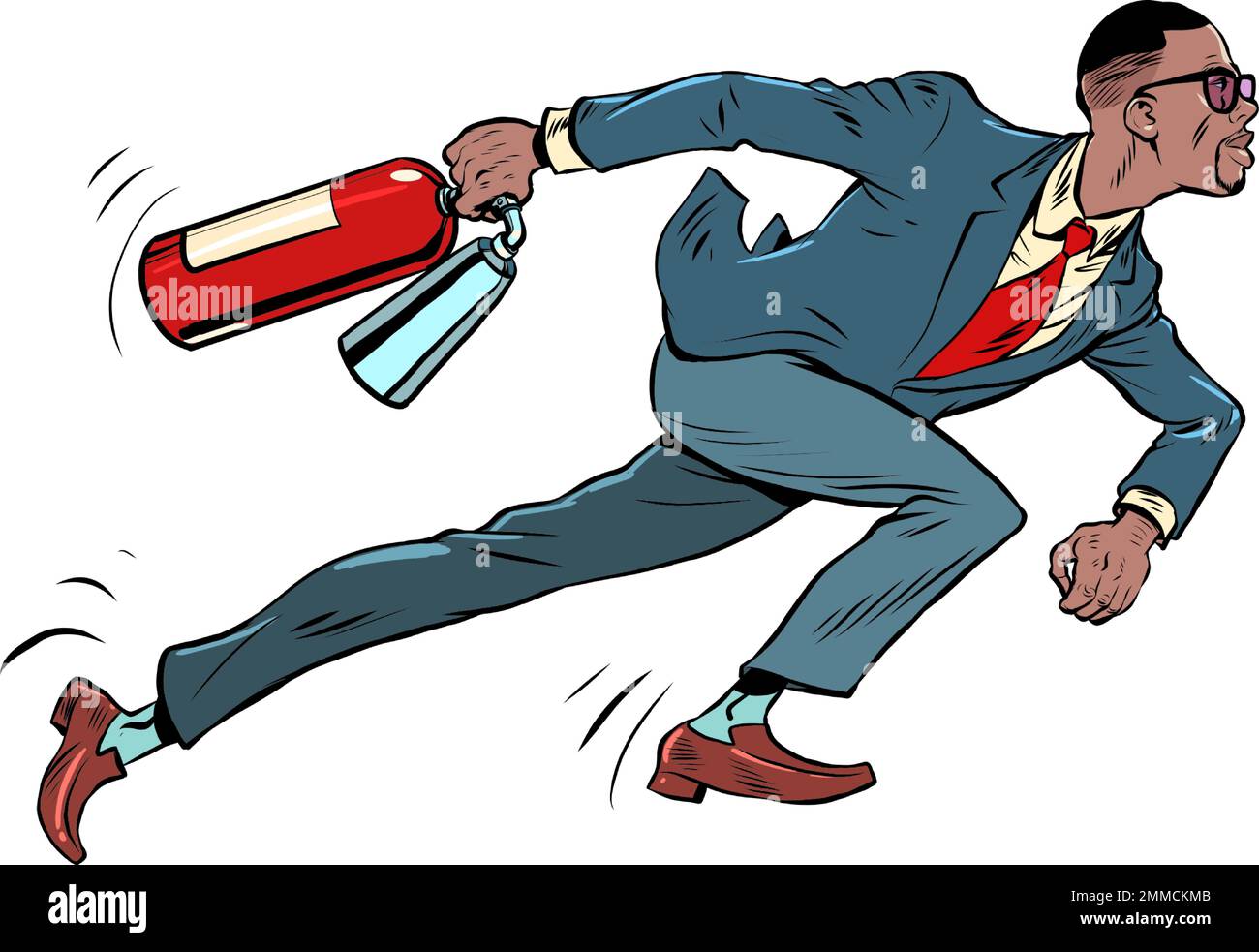 A businessman with a fire extinguisher is preparing to put out a fire ...