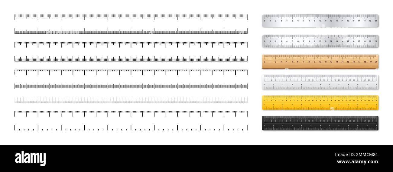 Realistic metal and plastic rulers. Measurement scales with divisions ...