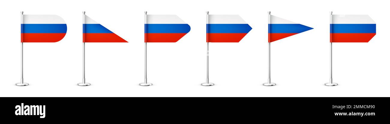 Realistic various Russian table flags on a chrome steel pole. Souvenir ...