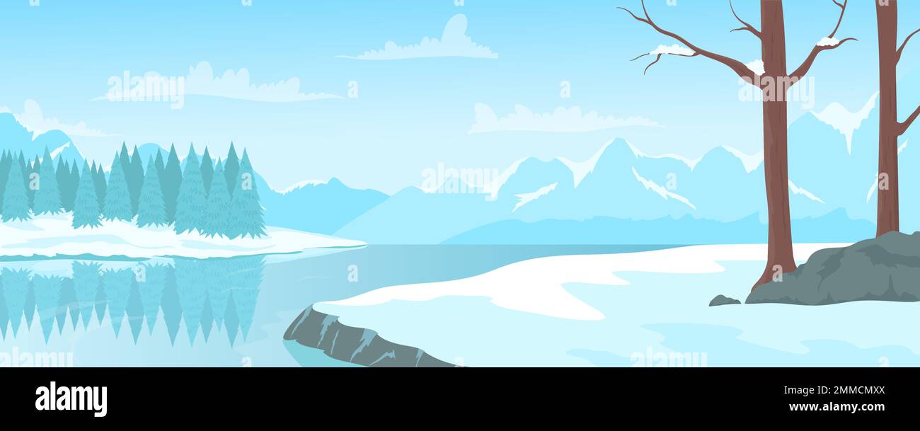 Winter landscape vector illustration. Cartoon scenery with mountain ...