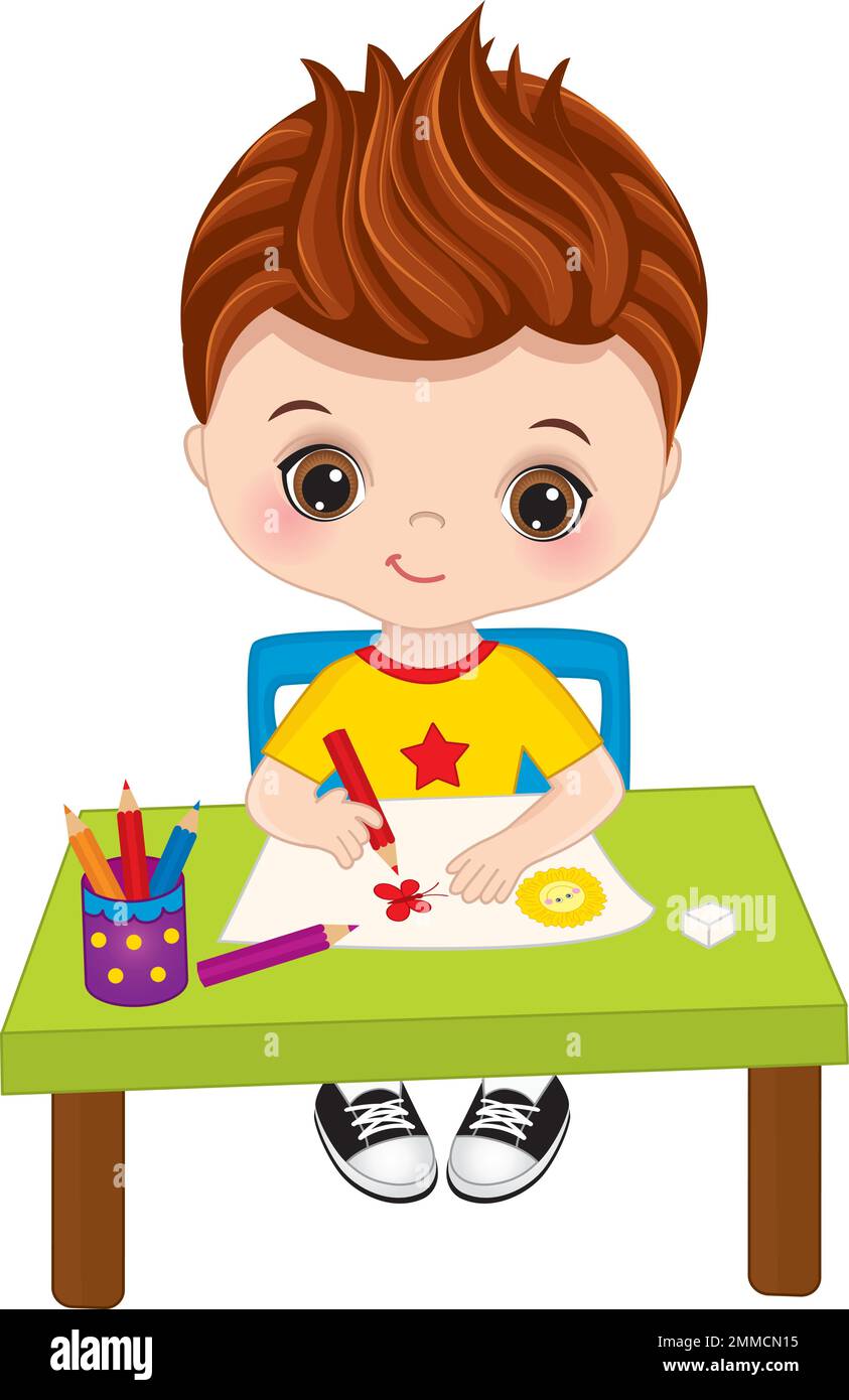 Vector Cute Little Boy Drawing. Vector Little Boy Artist Stock Vector ...