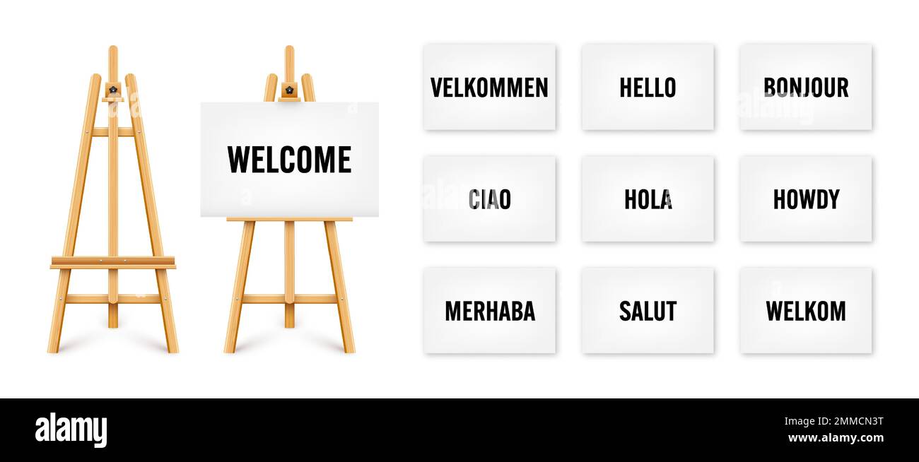 Realistic paint desk with text on white canvas. Wooden easel and a ...