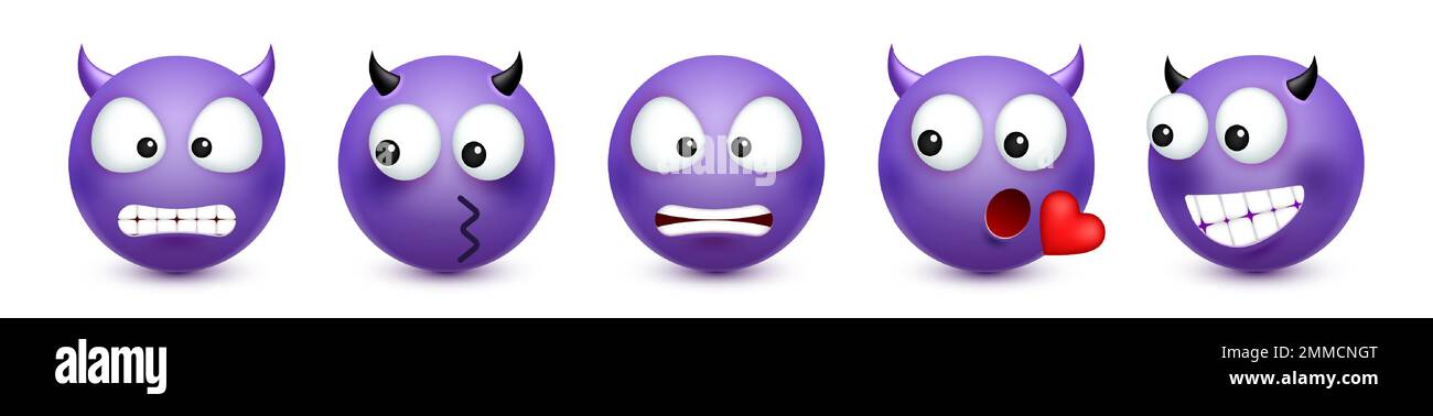 Cartoon emoji, emoticons collection. Violet face with emotions, mood ...