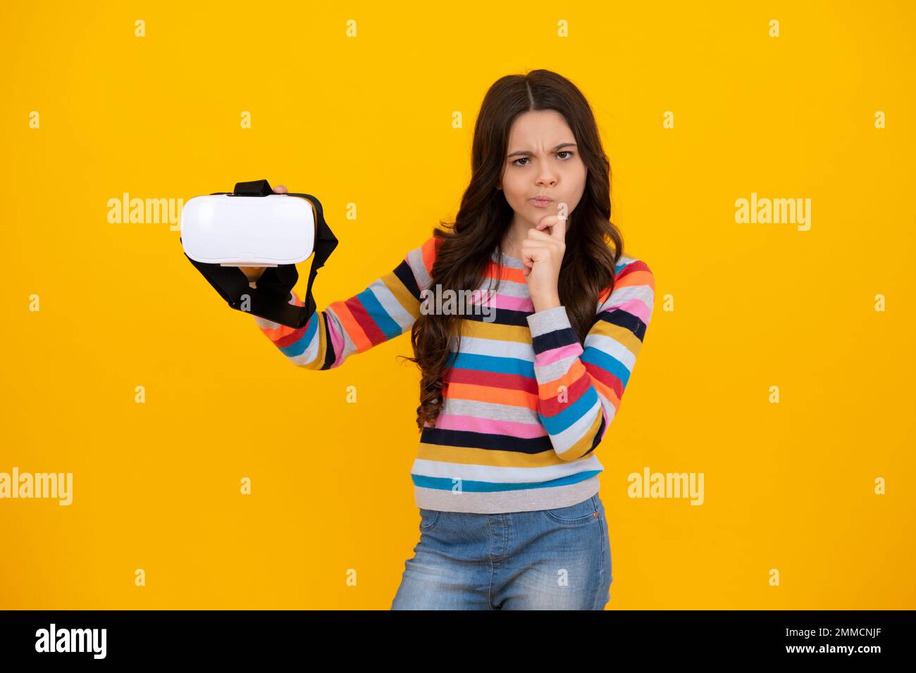 Teen girl hold vr glasses using future technology for education, vr ...