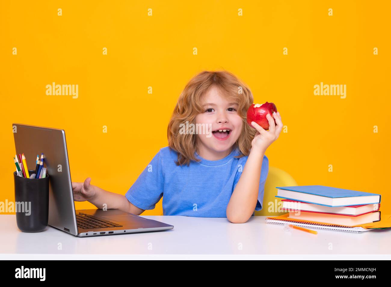 School child using laptop computer. Nerd pupil. Clever child from ...