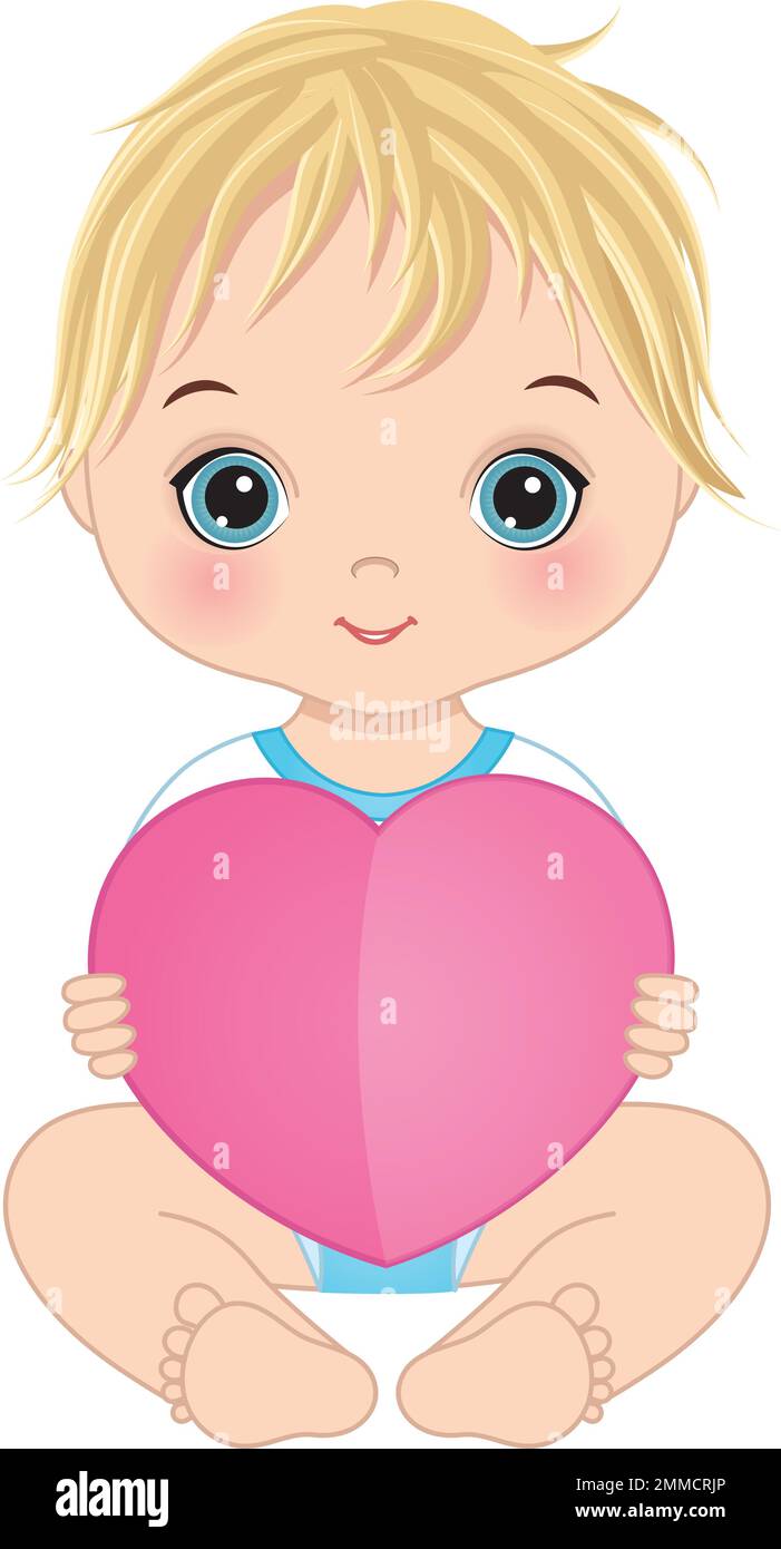 Cute Baby Boy Holding Heart. Vector Baby Boy Celebrating First ...