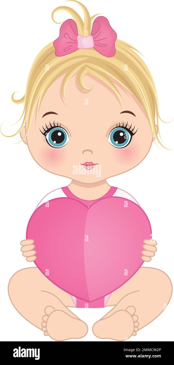Cute Baby Girl Holding Heart. Vector Baby Girl Celebrating First ...