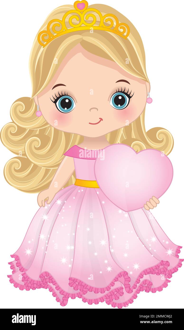 Cute Little Princess Holding Heart. Vector Little Girl Celebrating ...