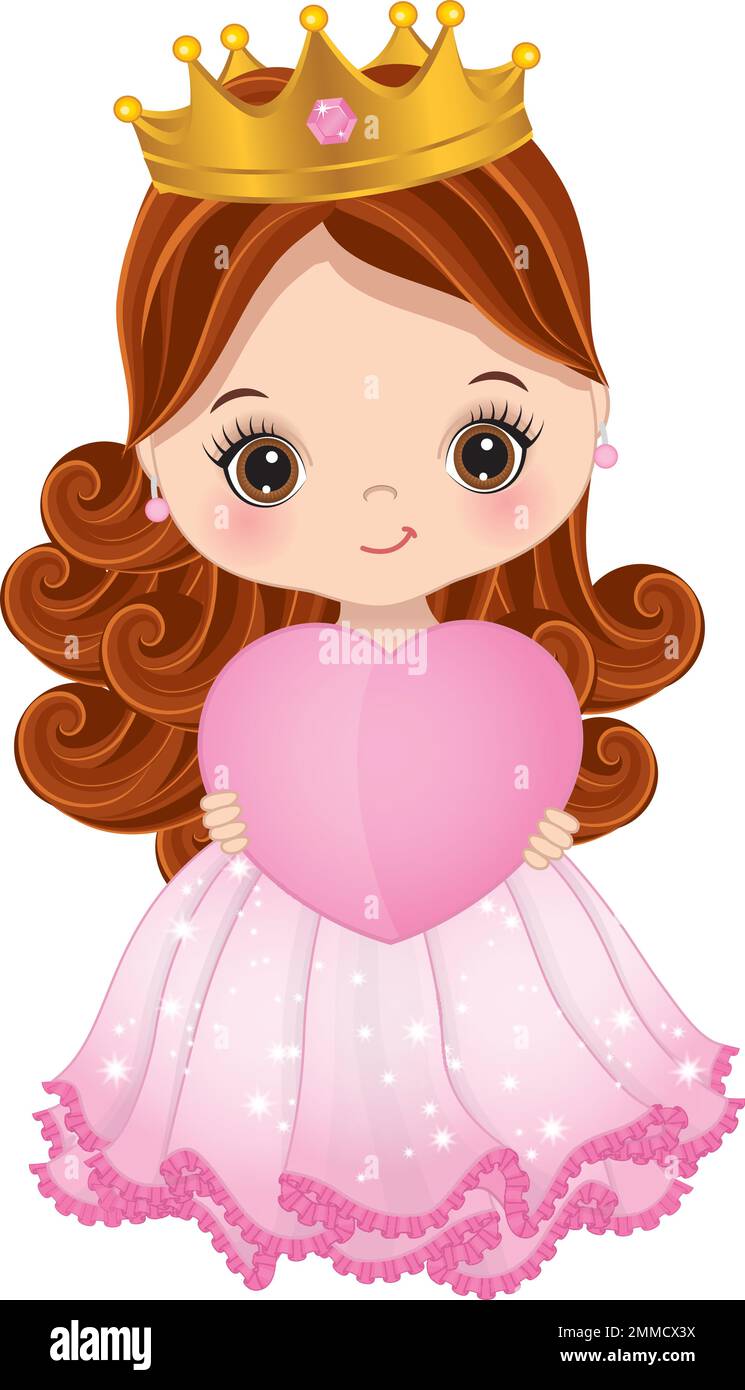 Cute Little Princess Holding Heart. Vector Little Girl Celebrating ...