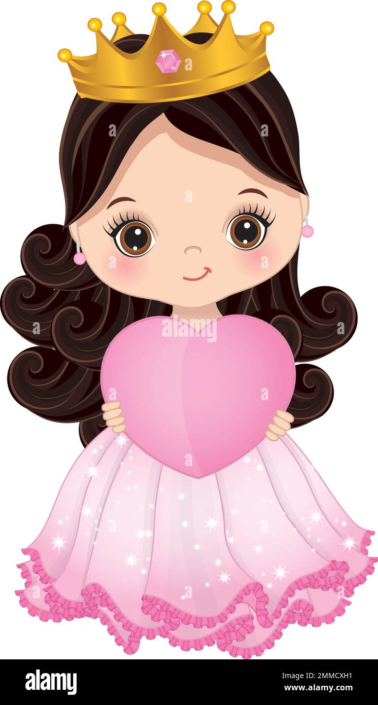 Cute Little Princess Holding Heart. Vector Little Girl Celebrating ...