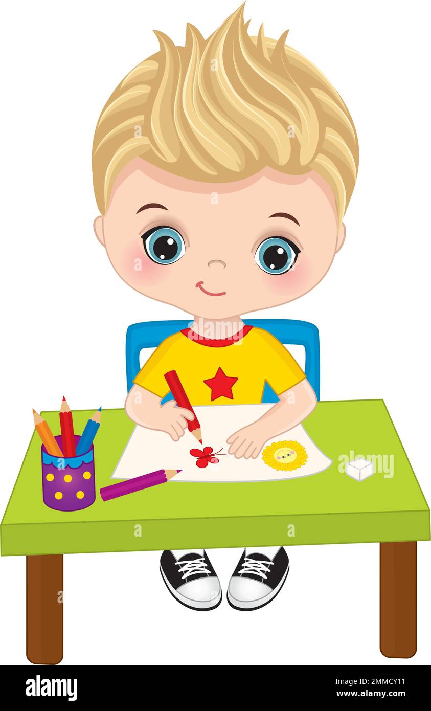 Vector Cute Little Boy Drawing. Vector Little Boy Artist Stock Vector ...