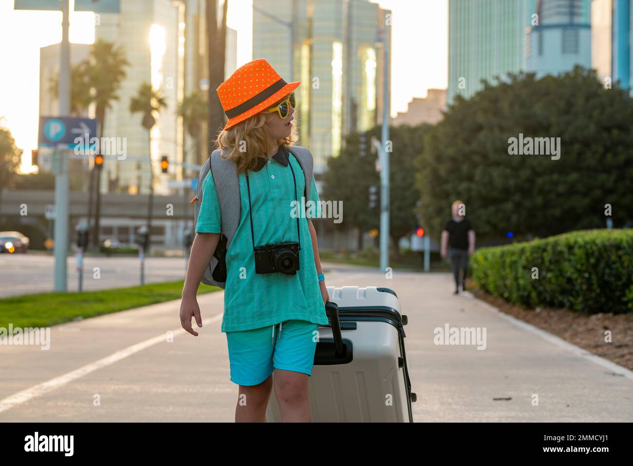 Little traveler tourist kid boy 7-8 years old. Passenger traveling ...