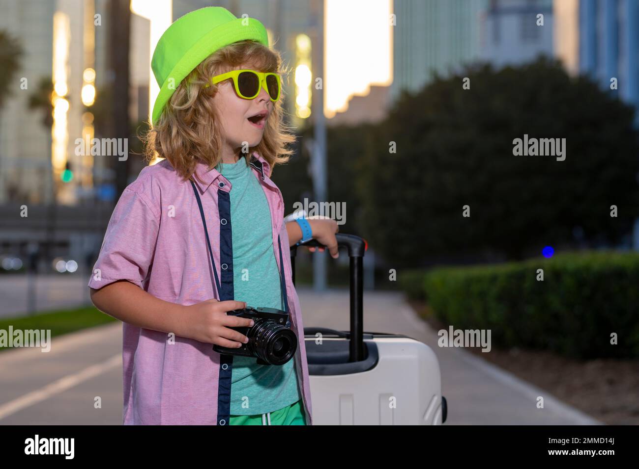 Traveler tourist kid boy 7-8 years old. Passenger traveling abroad to ...