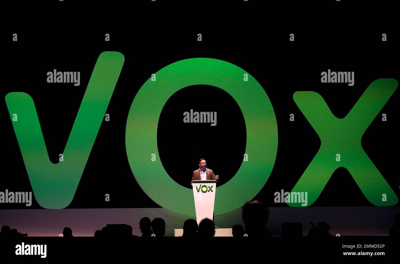 Santiago Abascal the national president of VOX delivers his speech ...
