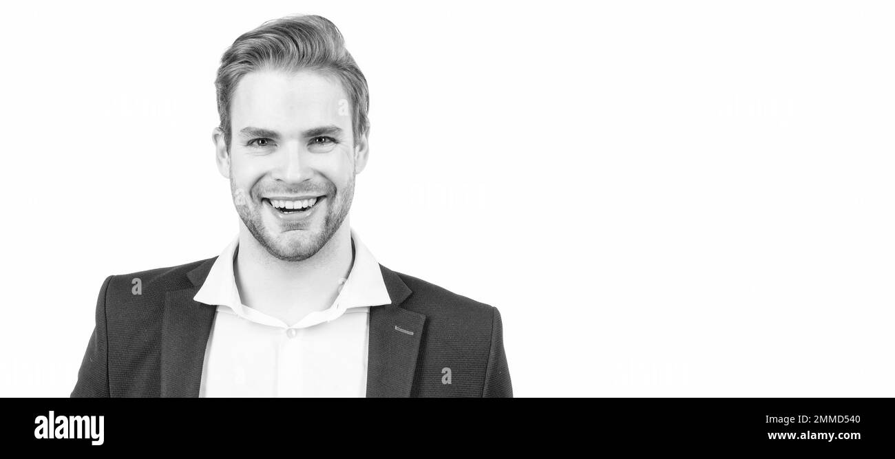 Man face portrait, banner with copy space. Business man in suit ...