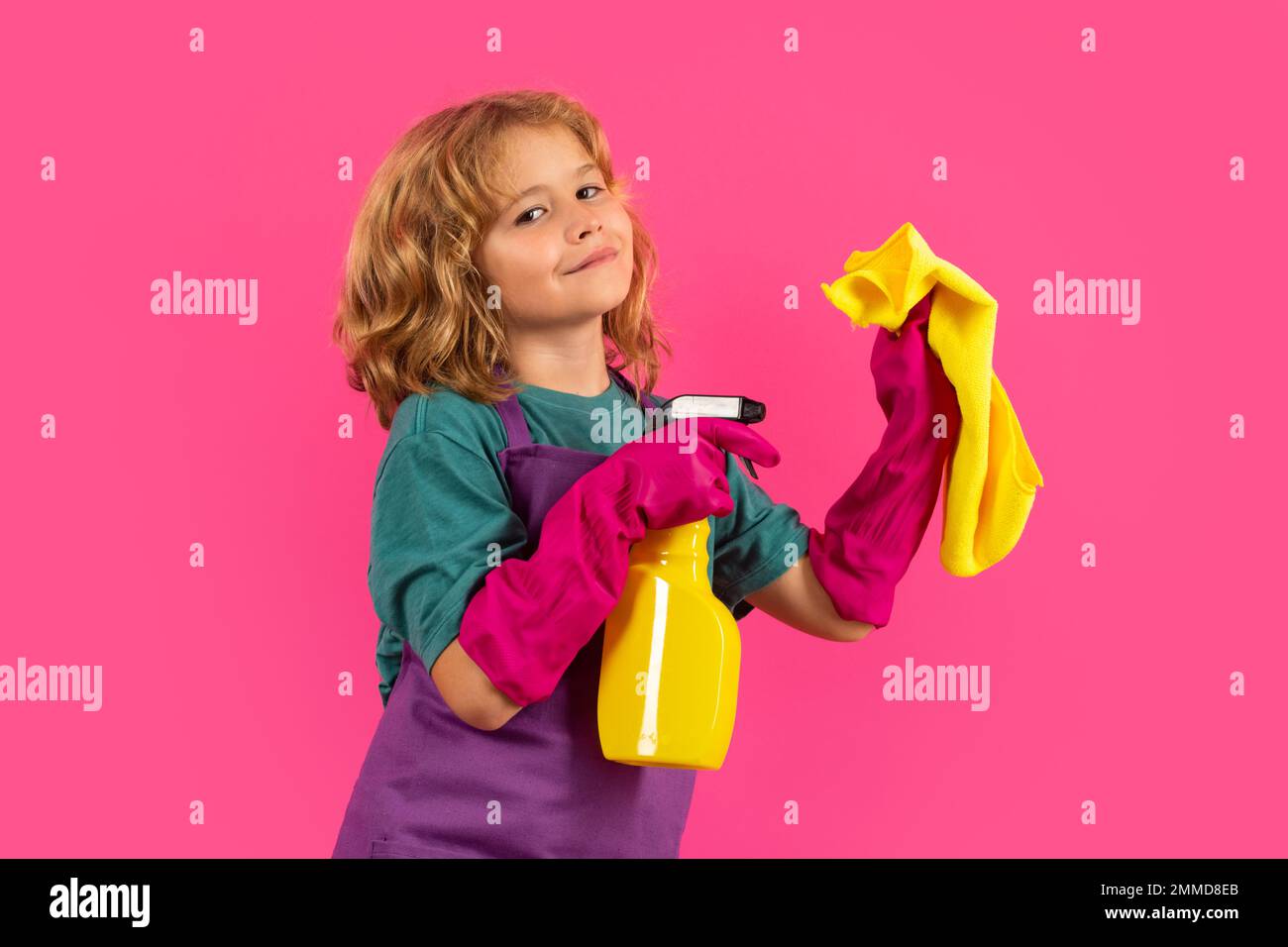 Child cleans at home concept. Kid cleaning with mop to help with ...