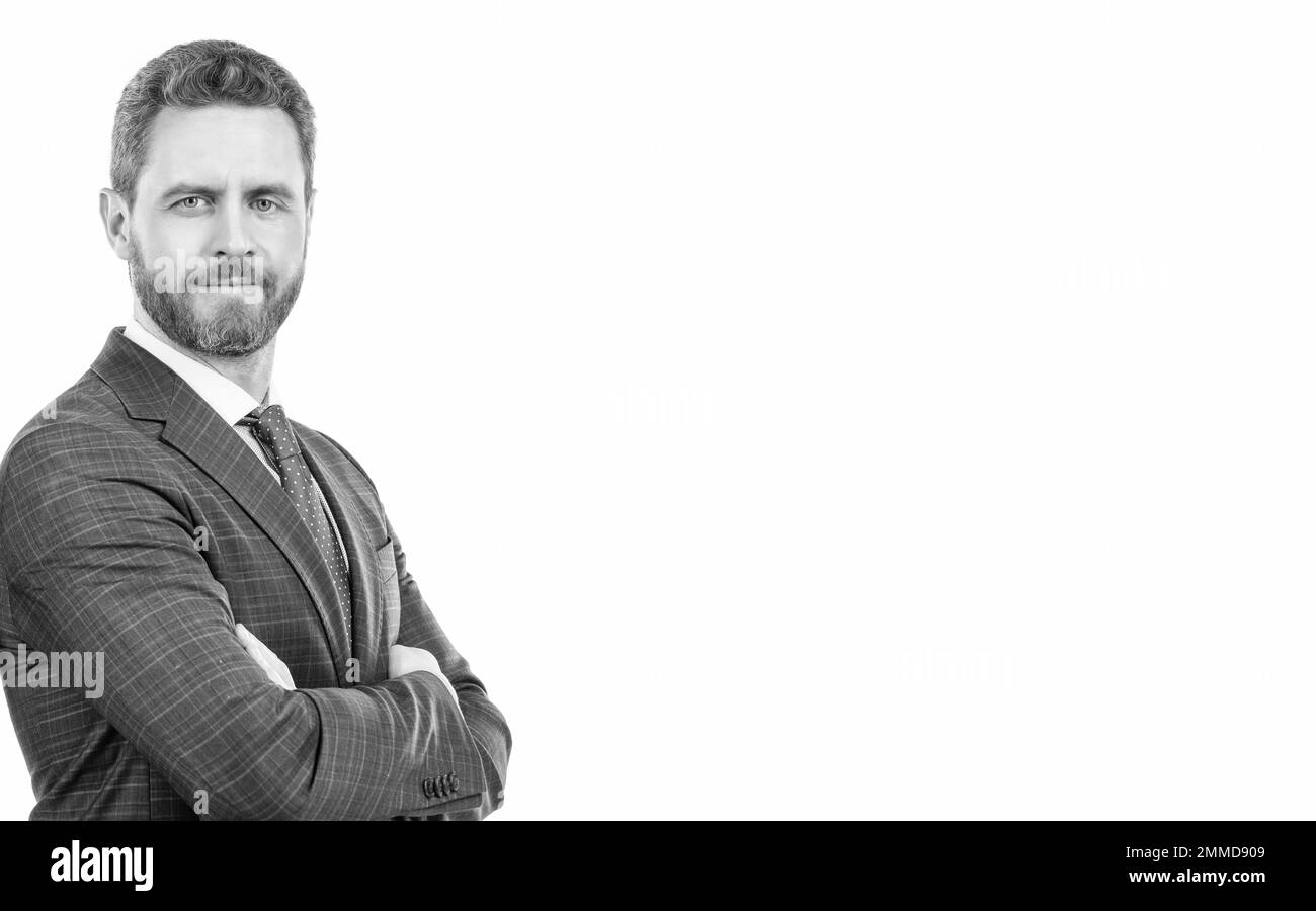 Serious confident man boss in formal suit keep arms crossed isolated on ...