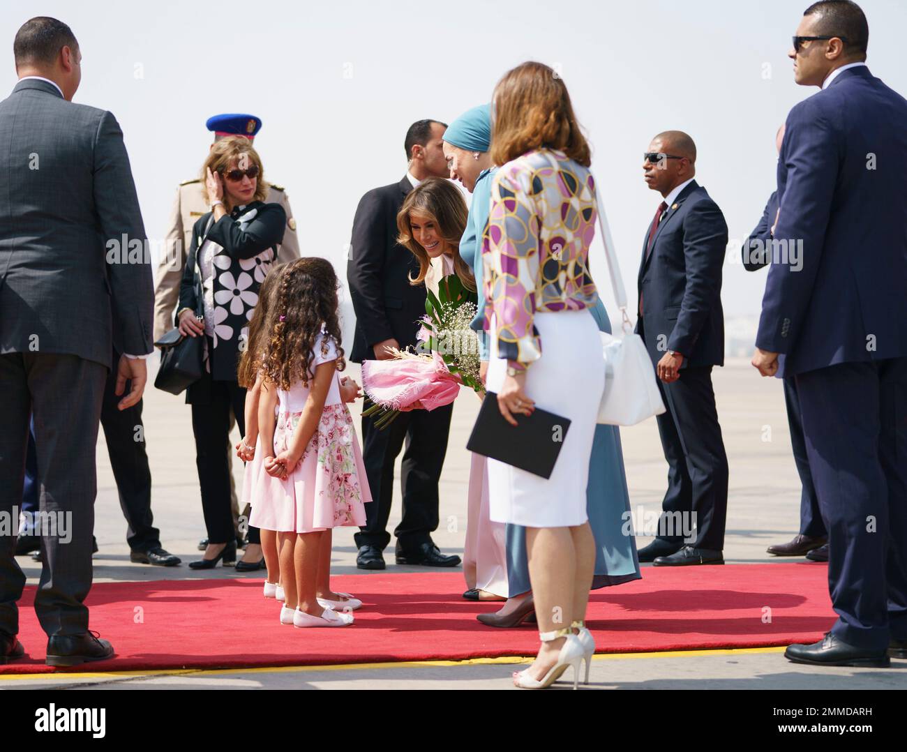 First lady Melania Trump is greeted by Egyptian first lady Entissar ...