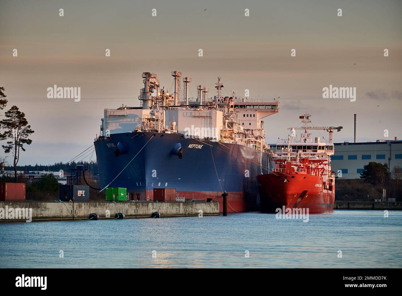 Lubmin, Germany - 01 28 2023: First LNG terminal with LNG tanker ...