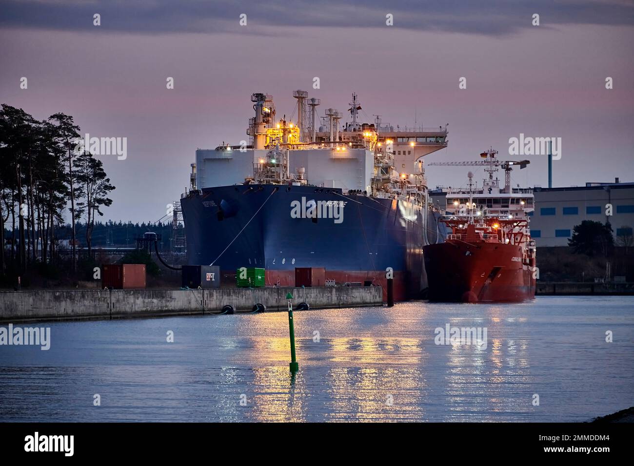 Lubmin, Germany - 01 28 2023: First LNG terminal with LNG tanker ...