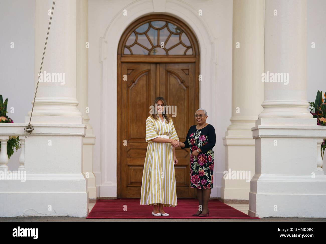 First lady Melania Trump and Margaret Kenyatta, the wife of Kenyan President Uhuru Kenyatta ...
